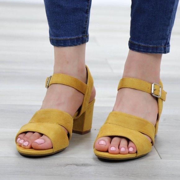 Shoes | Mustard Yellow Faux Suede Block Heel Sandals | Poshmark